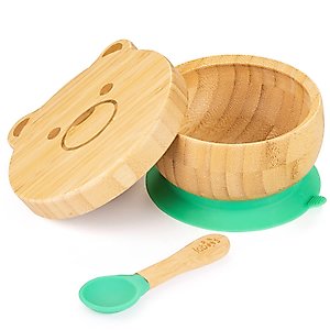 Suction Bowl with Lid and Spoon for Babies and Toddlers,Stay Put Feeding Bowl,Natural Bamboo Wood for Easy Clean Tableware, Perfect for Babies’ weaning Journey | Set of 3