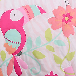 Brandream Crib Bedding Sets for Girls Pink Garden Elephant Parrot Birds 3-Piece Nursery Set | Baby Comforter, Fitted Crib Sheet, Crib Skirt Included, Floral Animal Collection