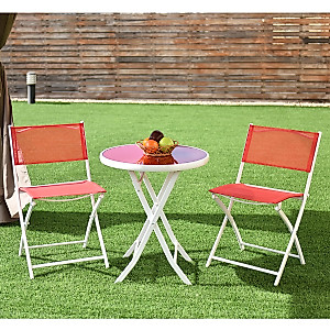 Giantex Bistro Table Set, 3 Piece Patio Bistro Set, Outdoor Folding Table and Chairs, Foldable Patio Dining Set, Porch Furniture Set Garden Backyard Metal Frame No Assembly, Red