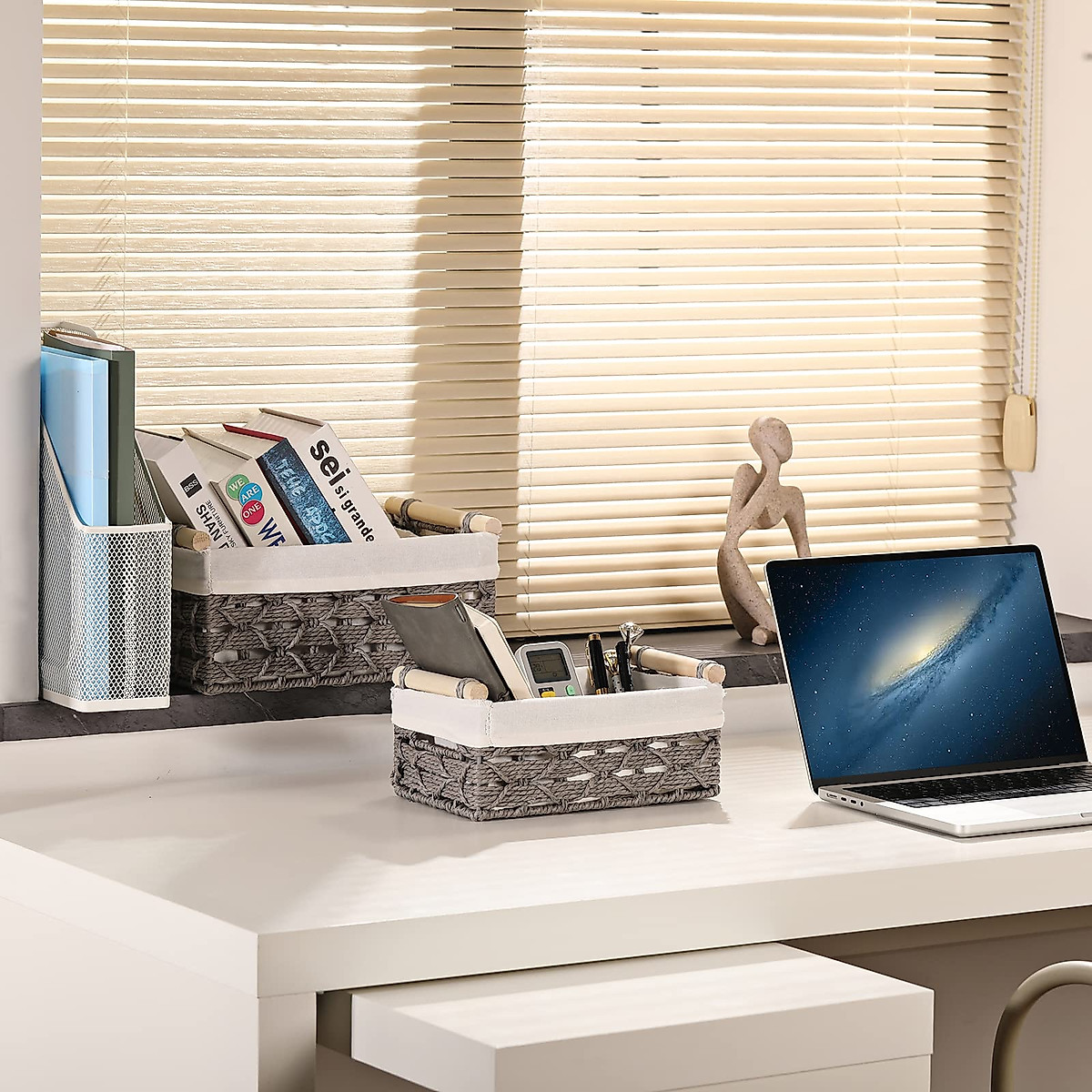 Vagusicc Woven Storage Basket, Hand-Woven Round Paper Rope Wicker Storage Basket with Cotton Liner and Wooden Handles, Wicker Baskets for Shelves Organizing & Decor, Grey, 3-Pack