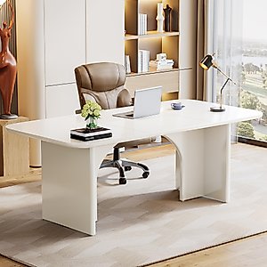 Tribesigns 62.99" Large Desk, Modern Home Office Computer Desk for 1-2 Person, Minimalist Double PC Writing Table Study Desk Executive Desk with Arch Design Legs, Cream White