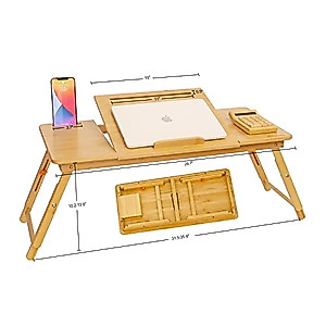 Laptop Desk for Bed, COIWAI Bamboo Lap Desk with Tablet Slot Adjustable Height Angle Foldable Storage Drawer Portable Tray Table Stand for Netebook Computer Breakfast Work Study Reading Writing Large
