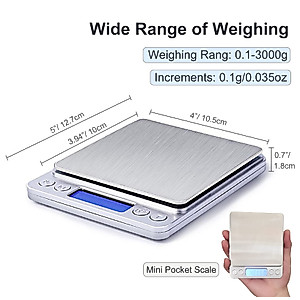 JOEAA Food Scale Digital Weight 3000g/0.1g Oz Grams and Ounces Kitchen Scale for Cooking Baking with Backlight LCD Display, Tare, 9 Units, Auto Off, 2 Trays, Batteries Included - Stainless Steel