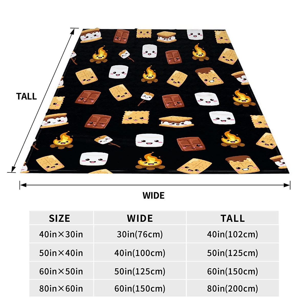 Sofcozlush Cute S'Mores Blanket Marshmallow Cookie Blanket Black Soft Plush Fuzzy Flannel Fleece Throw Blanket for Couch Food Blanket 50"x40" for Kids