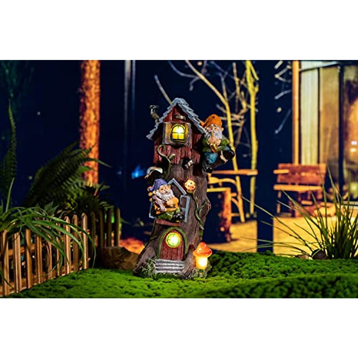 TERESA'S COLLECTIONS 14.8 Inch Tall Large Garden Gnome Statues with Solar Lights, Funny Garden Sculptures Treehouse Figurines Resin Lawn Ornaments for Outside Outdoor Patio Yard Decoration