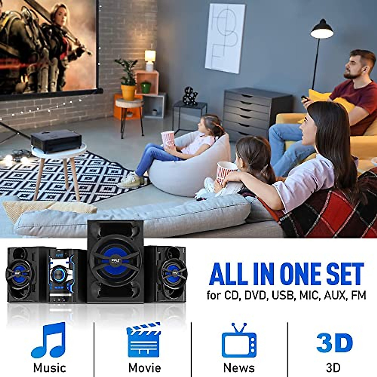 3-Piece Wireless Bluetooth Stereo System - 1000 Watt DVD Shelf System for Home with DVD Player, MP3, USB, FM Radio, Bass Reflex Speaker, and Remote Control, Compact & Portable - PHSKR14