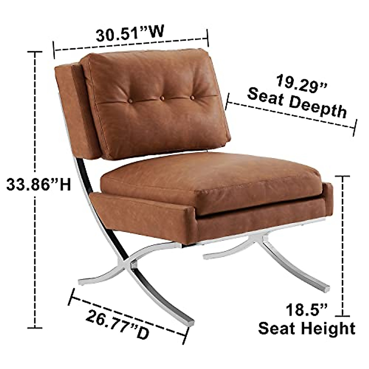 Volans Mid Century Modern Faux Leather Upholstered Armless Desk Chair with Chrome Plated Metal Base, Cognac