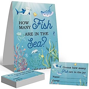 Guess How Many Fish in the Sea Mermaid Party Game，Watercolor Ocean Themed Baby Showers Decorations Game(1 Sign+50 Cards), How Many Candy Sharks Game，Bridal Showers，Birthday, Funny Party Game