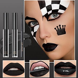 3Pcs Black Lipstick Kit, Matte Lipstick+Glossy Lip Gloss+Lip Liner Pencil, Long Wear Velvet Black Liquid Lipstick Make up Gift Set