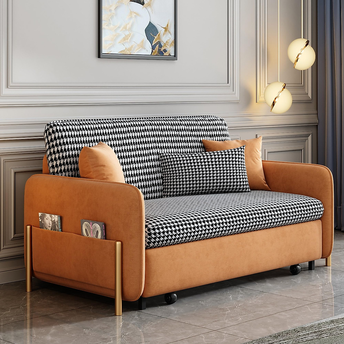 53.5" Full Sleeper Sofa Orange Upholstered Convertible Sofa Bed 3 in 1 Sleeper Sofa Couch Bed, Small Tufted Velvet Convertible Loveseat Futon Sofa w/Pullout Bed, Multi-Pockets for Living Room