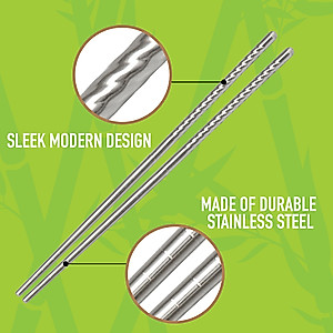 D'Eco Reusable Metal Chopsticks (4 Pairs) - Includes 4 Sets of Stainless Steel Twist Apart Silver Chopsticks & Travel Pouch - Lightweight, Durable, Dishwasher Safe - Great for Chinese Japanese Cuisine