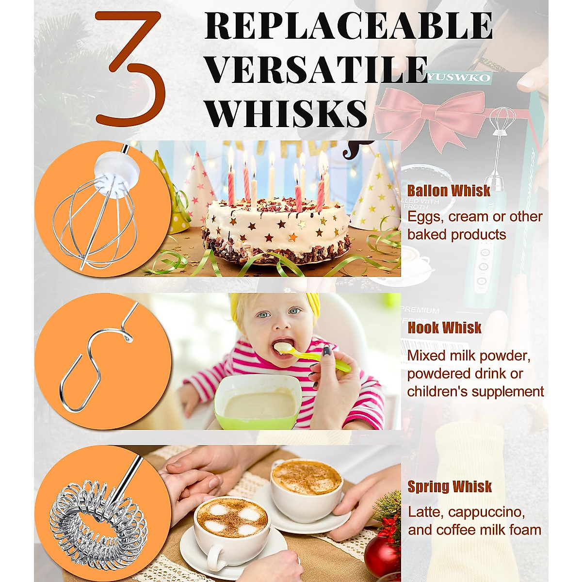 YUSWKO Milk Frother Handheld for Coffee, Rechargeable Drink Mixer with 3 Heads 3 Speeds Electric Coffee Frother Whisk, Gift for Many Occasions and Festival