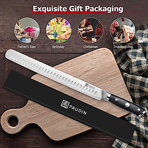PAUDIN 12 Inch Carving Knife, Premium Slicing Knife with Granton Blade for Cutting Smoked Brisket, BBQ Meat, Turkey - Ergonomic G10 Handle