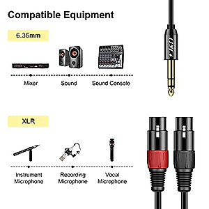 J&D XLR to 1/4inch (6.35mm) TRS Stereo Cable, 2 XLR Female to 6.35mm 1/4 inch TRS Male Unbalanced Interconnect Stereo Audio Cable for Speaker Mic Guitar Mixer AMP, 6 Feet