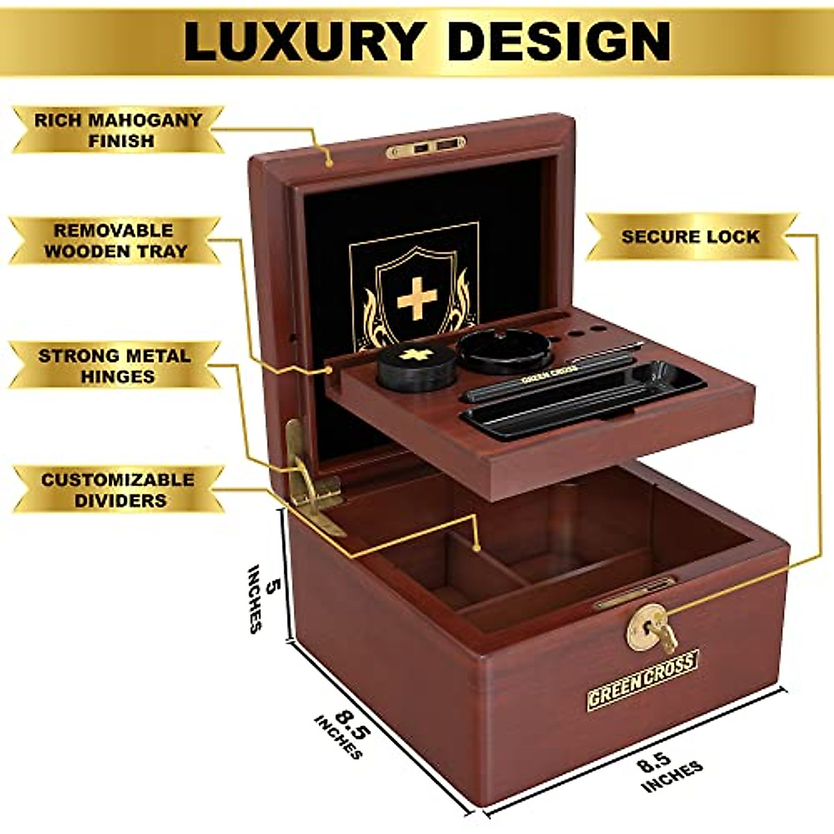 GREEN CROSS Stash Box Decorative Box Lock Box with Key Wooden Box Smell Proof Removable Wooden Tray Ceramic Tray Adjustable Compartments Storage Box for Home and Organization