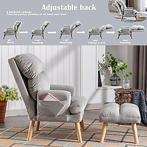 CANMOV Modern Accent Chair with Ottoman, Soft Fabric Armchair with Adjustable Backrest and Side Pockets, Comfy Lounge Chair for Living Room, Bedroom, Apartment, Office, Grey
