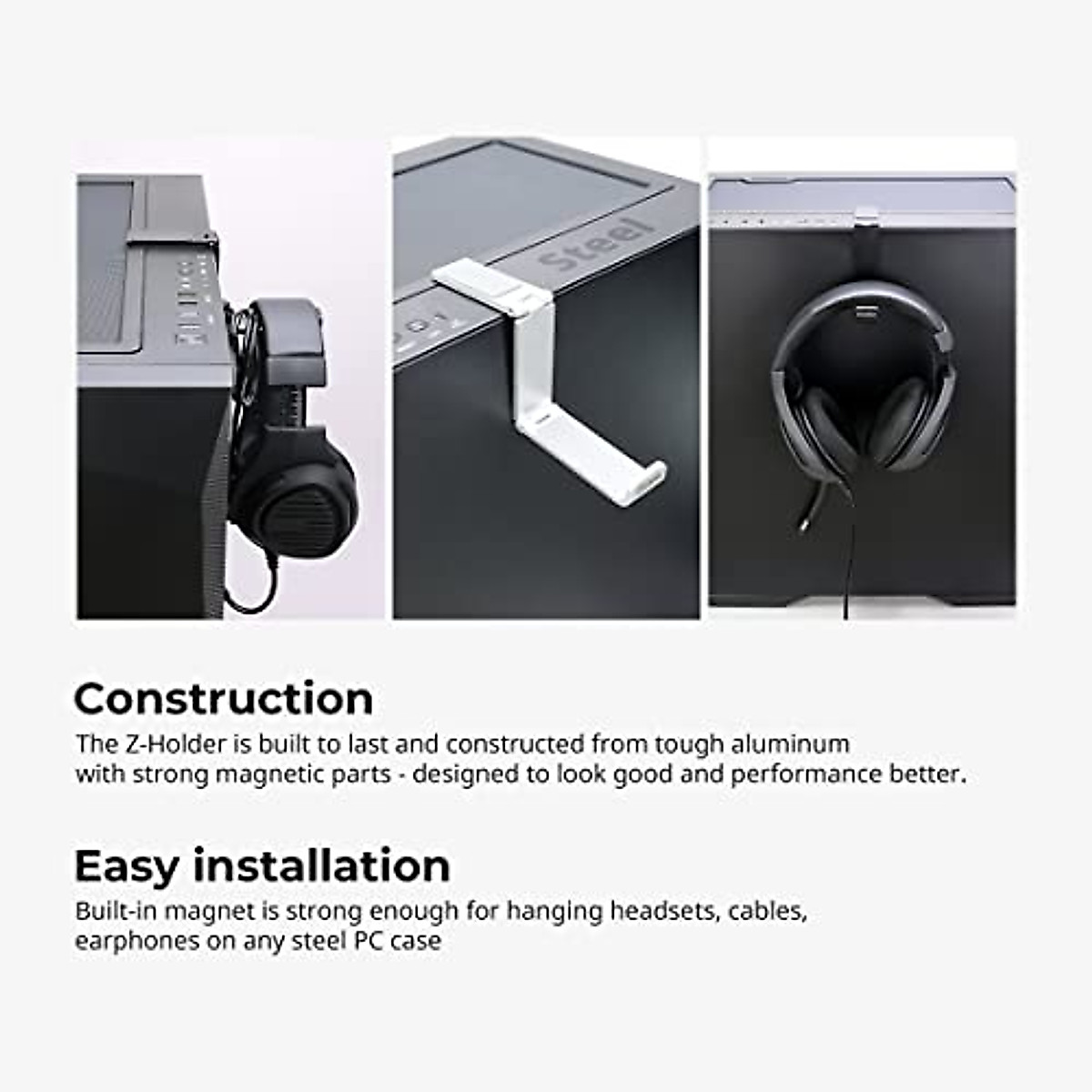 Zalman Folding Magnetic Headphone Holder, Collapsible and Foldable Headset Holder for Gaming, Powerful Magnet for Mounting on Computer Case, Holds up to 4 LB (ZM-FH10 Black)