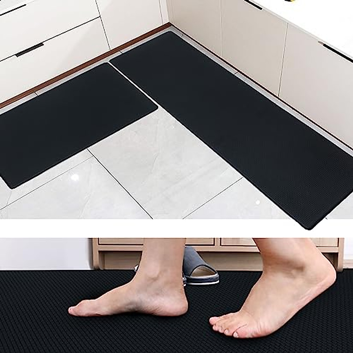 QUILTINA Black Kitchen Mat Anti-Fatigue Cushioned Rug Set (2 PCS), Waterproof Non-Slip & Stain Resistant, 0.4'' Thick PVC Ergonomic Comfort Foam Rugs for Floor Home, Sink, Laundry, 47''x17.5''