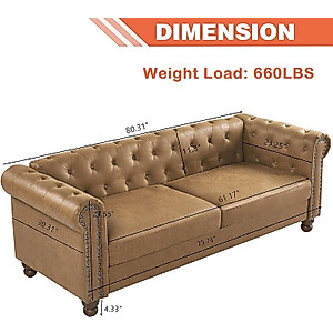 LAVHOME Chesterfield 3 Seater Velvet Button Tufted Sofa, Upholstered Couch with Nailhead Arms Solid Wood Legs for Living Room Office Bedroom Apartment (Brown)