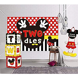GREPARPY Mickey 2nd Birthday Party Supplies - Mickey Theme Oh Twodles Birthday Decorations Boy Include Backdrop, Balloon Garland Arch, Balloon Box, Welcome Hanger, Banner, Crown, Topper, Tablecloth