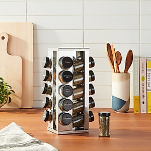 Kamenstein Brushed Stainless Steel 20-Jar Revolving Countertop Spice Rack, Pre Filled Spice in the USA, 5 Year Free Refills, Removable Sifter Cap with easy to Refill Glass Jars Labeled