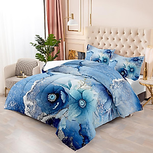Nttopship Blue Marble Bedding Set Twin for Girls Boys Teens Blue Rose Comforter Set Silver Foil Quilt Comforter Kids Space Marble Room Decor 1 Comforter+2 Pillowcase