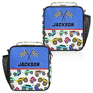 OMFUNS Racing Car Custom Name Reusable Lunch Bag for Kids Boys Teen, Colorful Truck Personalized Insulated Lunch Box Thermal Cooler Customized Lunch Tote Bag for School Picnic