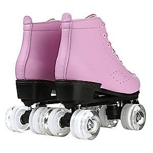 Women's Roller Skates PU Leather High-top Roller Skates Four-Wheel Roller Skates Shiny Roller Skates with Carry Bag for Girls (Pink Flash Wheel,9)