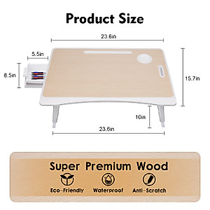 Amaredom Laptop Bed Desk Tray Bed Table, Foldable Portable Lap Desk with Storage Drawer and Cup Holder for Eating Breakfast on Bed/Couch/Sofa-White Oak