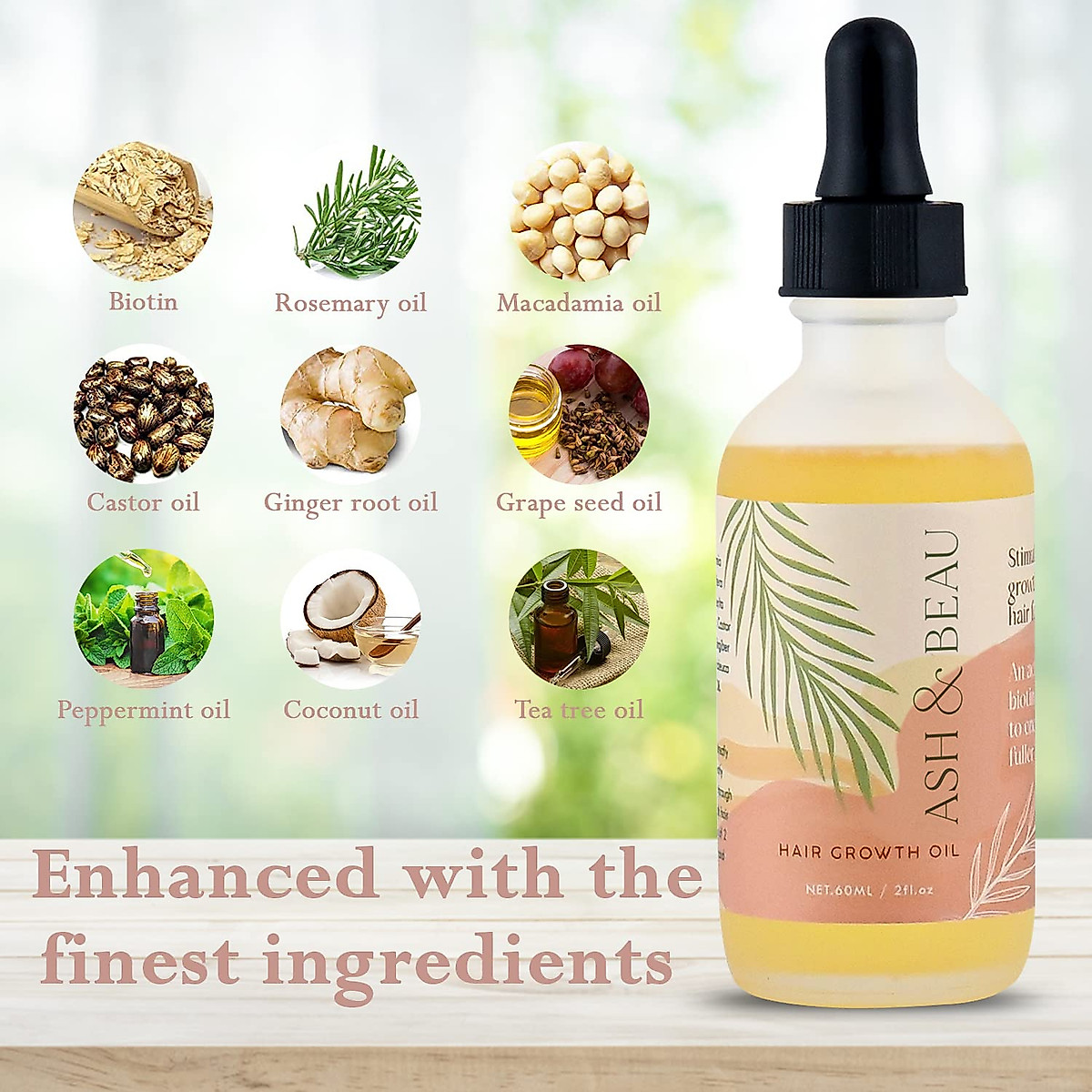 Ash & Beau Hair Growth Oil with Biotin, Rosemary, Castor, Tea Tree, Ginger - Growth Treatment That Promotes Thicker, Longer & Stronger Hair (60ml)