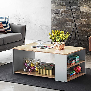 Giantex Coffee Table W/Three Storage Shelf, Sturdy and Durable Construction, Smooth Surface & Extra Storage Space, Ideal for Office and Living Room Tea Snack Table (Natural)