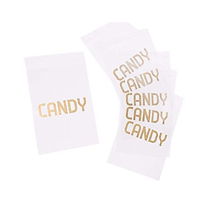 Sweet Details Party Co. Cellophane 'Candy' Bags (100 Pack) Gold & Clear Goodie Bags for Candy Bar & Buffet Gifts- Wedding/Birthday Party Favor Bags- Self-Sealing & Resealable Adhesive - NO Ties!