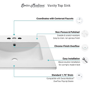 Swiss Madison Well Made Forever SM-VT324-3 Ceramic Vanity Top Sink 24" with Three Faucet Holes, Glossy White