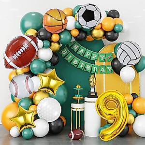 9 Pieces Sports Balloons, Football, Basketball, Baseball, Volleyball, Golf and Soccer Foil Balloon, Sports Birthday Number Mylar Foil Balloon, Sport Theme Birthday Party Supplies Decorations (9th)