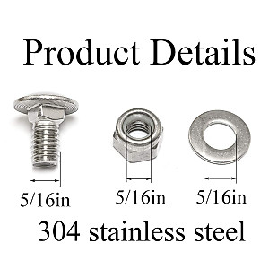 Pro Bamboo Kitchen 8 Sets Stainless Steel Carriage Bolt 5/16"-18 x 5/8 Carriage Bolts with 5/16 Nuts and Washers Self Locking Nonskid Nylon Lock Nut