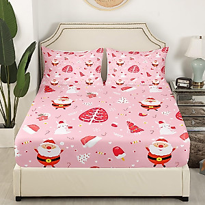 Santa Claus Sheet Set Cute Rabbit Kawaii Pink Bed Set for Kids Boys Girls Decor Merry Christmas Bed Sheets Girly Pink Sheets Bedroom Collection 4Pcs Full Size