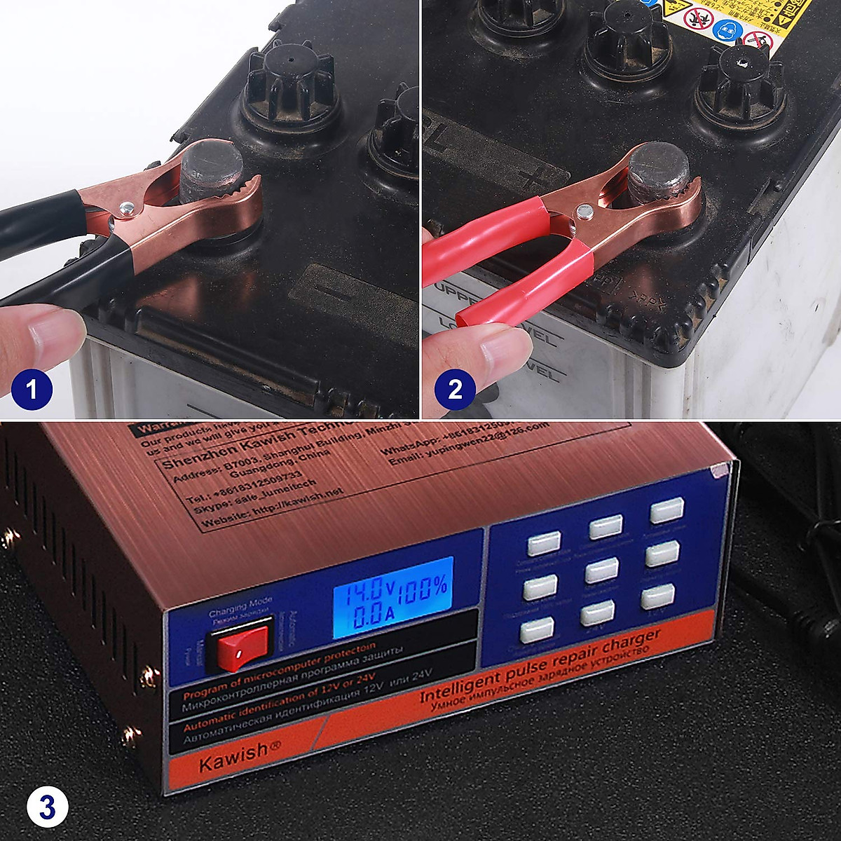 Kawish Full Automatic Car Battery Charger 12V/10A | 24V/7.5A Intelligent Pulse Repair Battery Charger Truck Motorcycle Charger with Terminal Clean Brush for Automotive,Boat,Motorcycle