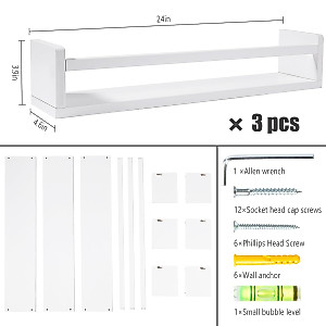 AZSKY Nursery Bookshelves White, 24 Inch Floating Bookshelves for Wall Set of 3, Baby Kids Decor, Solid Wood Wall Mounted Shelves for Books, Toys and Decor Storage