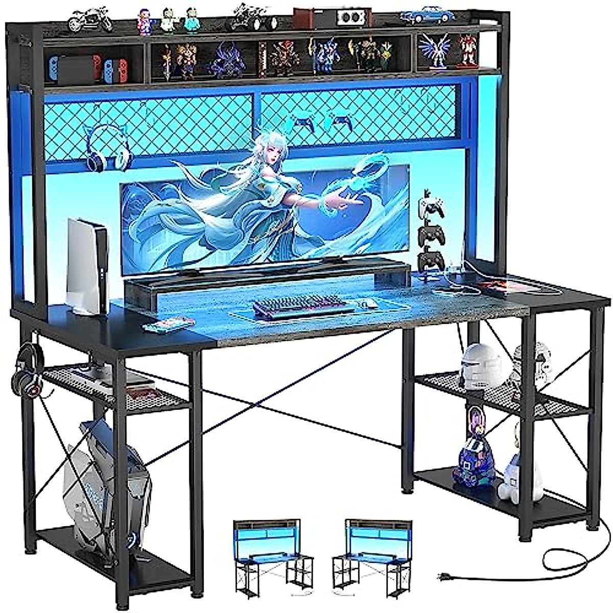 armocity 2024 Upgrade Gaming Desk with Hutch, 55.2'' Magic Computer Desk with LED and Outlets, Reversible Workstation Desk with Pegboard, Grey/Black