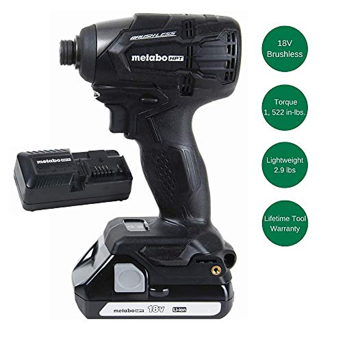 18V Cordless Impact Driver | 2.9 lbs | 1,522 in/lbs of torque | Up to 3,100 RPM | Up to 3,400 IPM | 1.5Ah battery and Charger | Metabo HPT WH18DBFL2QB