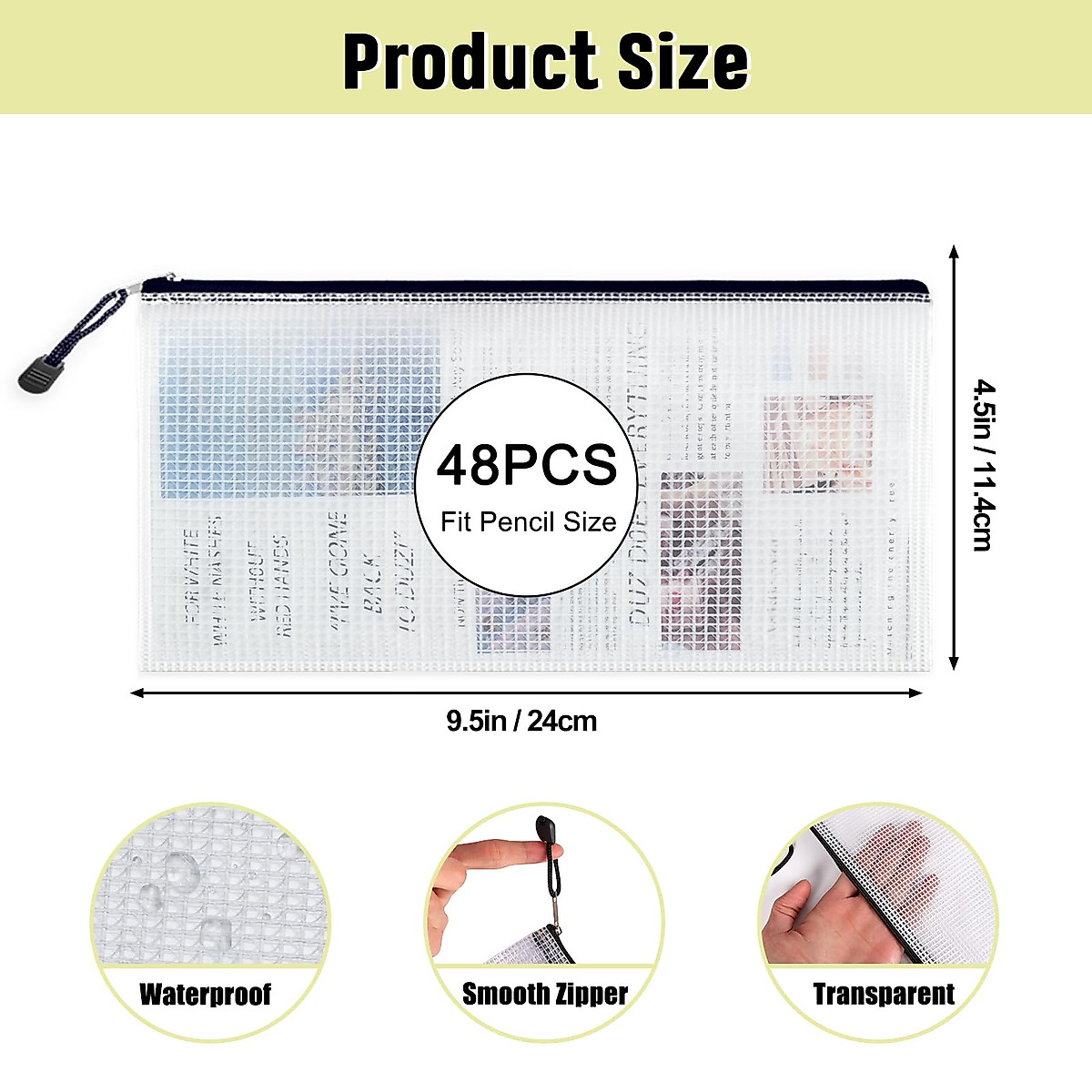 EOOUT 48pcs Mesh Zipper Pouch, 9.5x4.5 Inches Waterproof Zipper Bags, Clear Small Zipper Pouches, Organizing Storage with Zipper for Bill, File and Travel (Black)