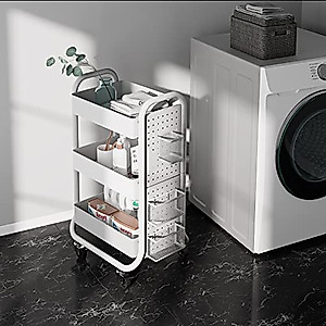 DESIGNA 3-Tier Rolling Cart, Utility Cart with Handle, Extra 3 Storage Accessories, Removable Pegboard, Easy Assembly Craft Carts for Kitchen, Bathroom, Office, Metal, White