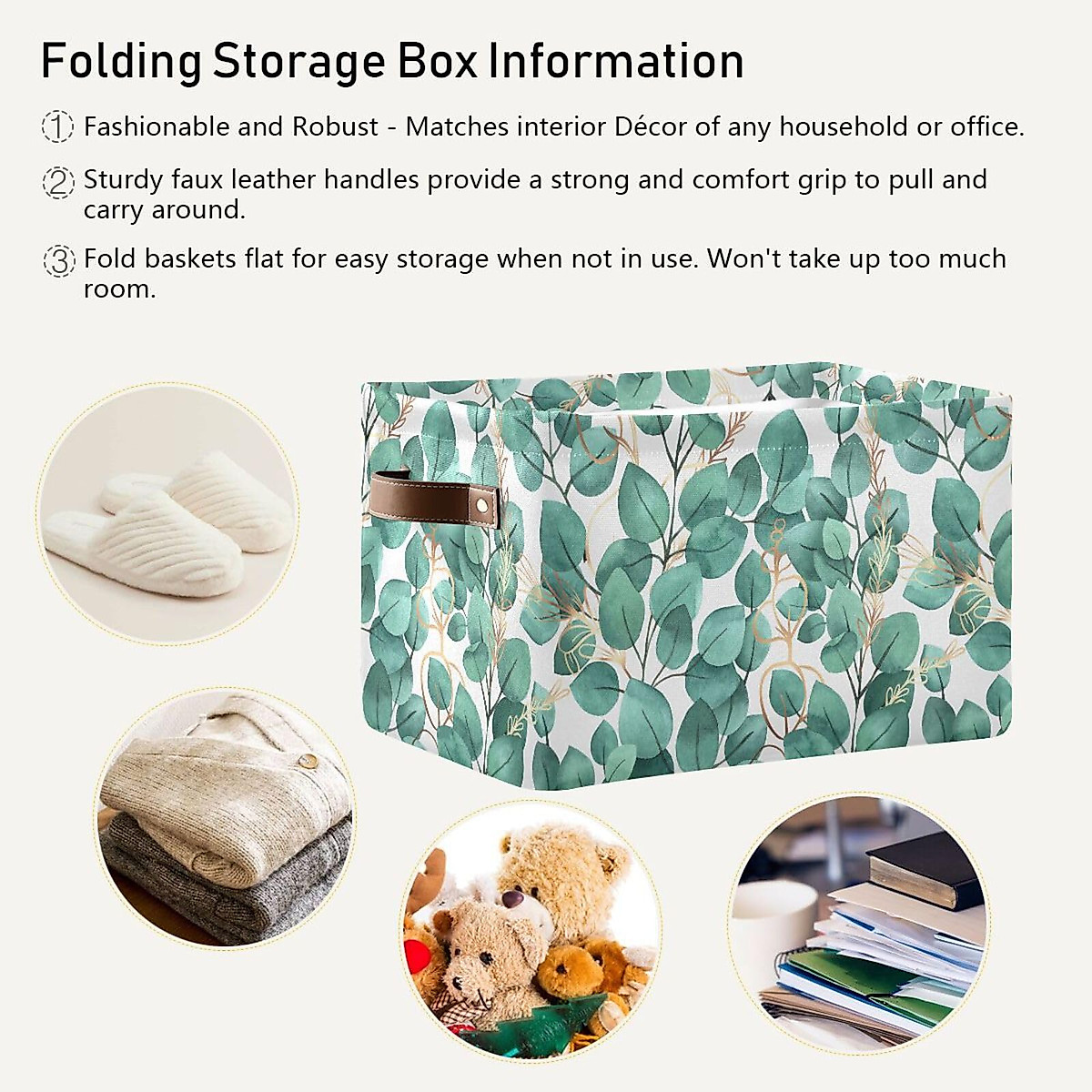 Green Leaves Storage Basket Bins Sturdy Toy Storage Organizer Bins Laundry Basket with Handles for Bedroom Office Clothes Pet Nursery Living Room,1 pcs