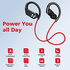Bluetooth Earbuds Running Headphones, Wireless Workout Headphones Earbuds IPX7 Waterproof with Earhooks, Sport Stereo Sweatproof in-Ear Earphones, 16 Hour Playtime - BlackRed