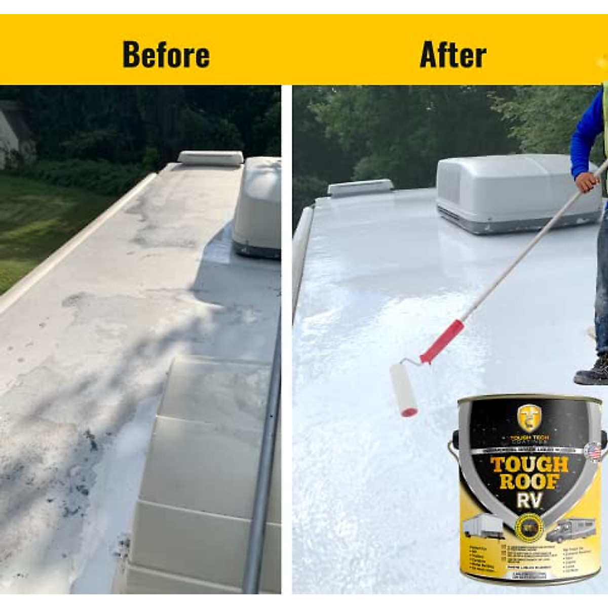 Tough Tech Coatings Tough Roof RV Coating kit - Permanent RV Roof Waterproofing Kit - for RVs, & Trailers Roofs Up to 25 FT Long - No Primer Required - 87% Solar Reflective - 3.5 Gal White