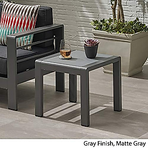 GDFStudio Outdoor Aluminum Side Table with Glass Top, Matte Gray and Gray Finish