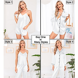 SWOMOG Women's 7 Pcs Silk Satin Pajamas Set Long Sleeve Button Down Sleepwear Cami Shorts Pjs Set with Eye Mask White XX-Large