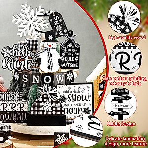 Black and White Plaid Christmas Tiered Tray Decor - Snowman, Snowflake, Gnome, Truck, Xmas Tree Wooden Signs for Table Shelf