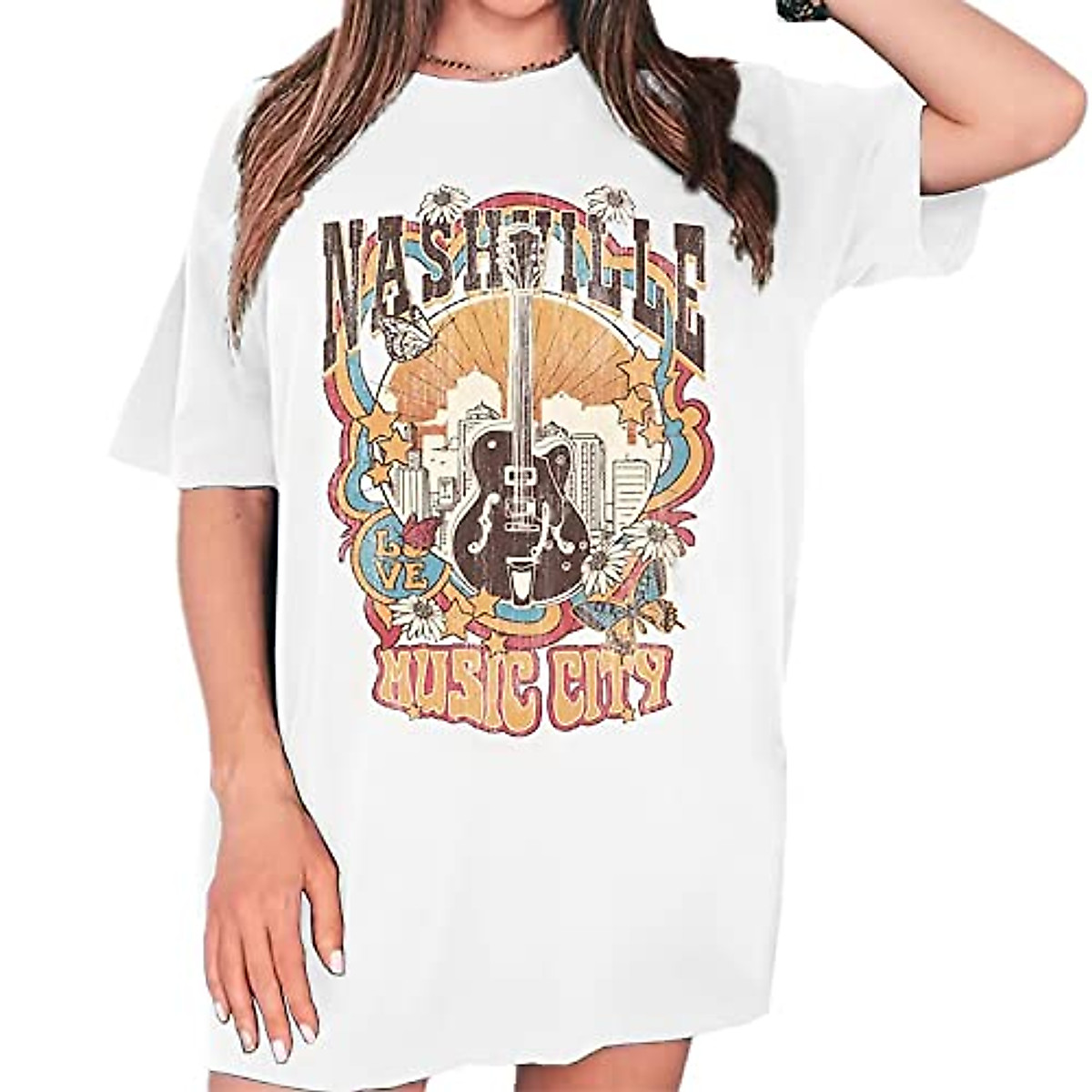 GEMLON Womens Nashville Shirts Country Music Summer Tshirts Oversized Graphic Short Sleeve Tees for Women Teen Girls White S