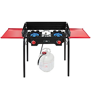 Hike Crew Cast Iron Double-Burner Outdoor Gas Stove | 150,000 BTU Portable Propane-Powered Cooktop with Removable Legs, Temperature Control Knobs, Wind Panels, Hose, Regulator & Storage Carry Case